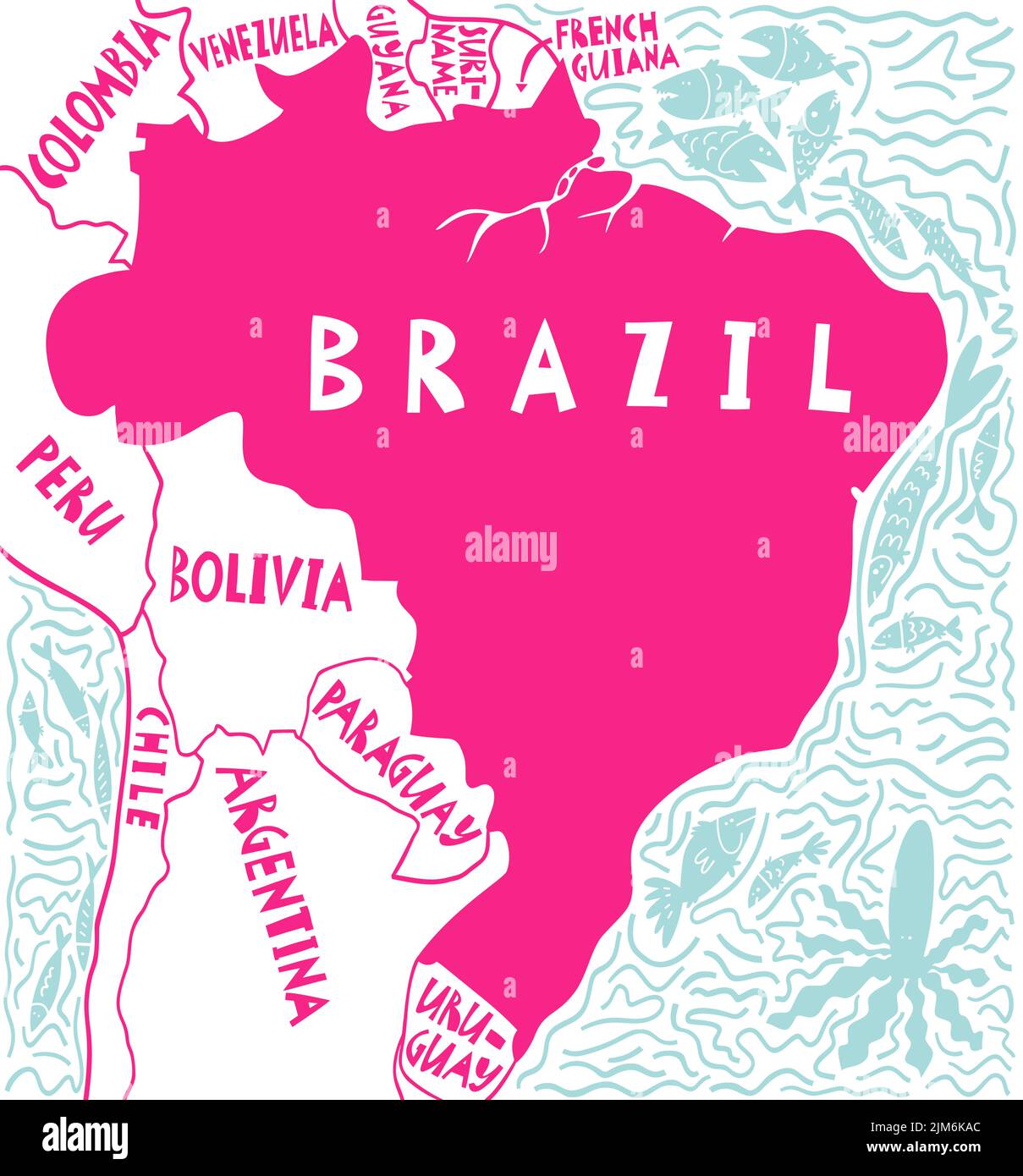 Vector hand drawn stylized map of Brazil And Neighboring Countries ...