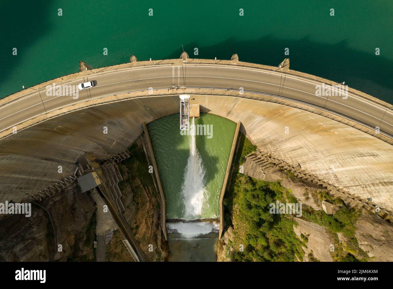 Aerial view of La Llosa del Cavall reservoir dam with little water ...
