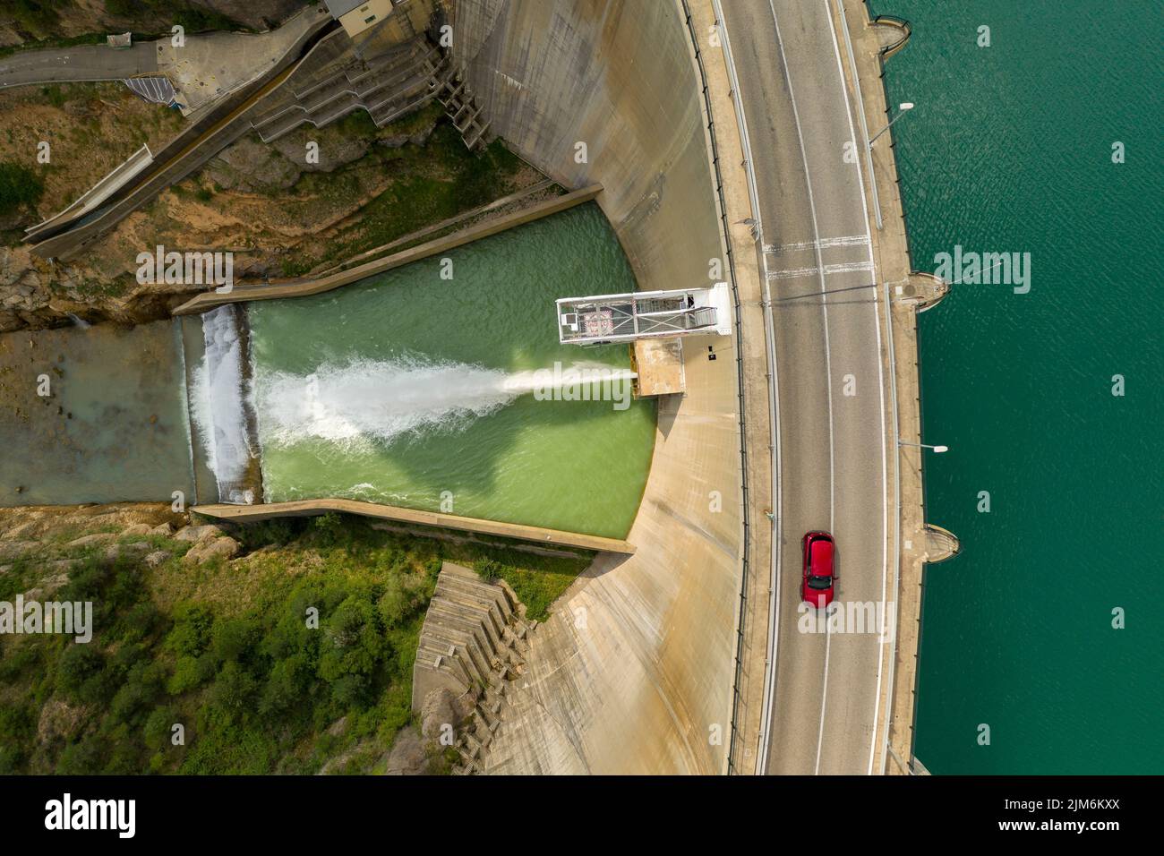 Aerial view of La Llosa del Cavall reservoir dam with little water ...