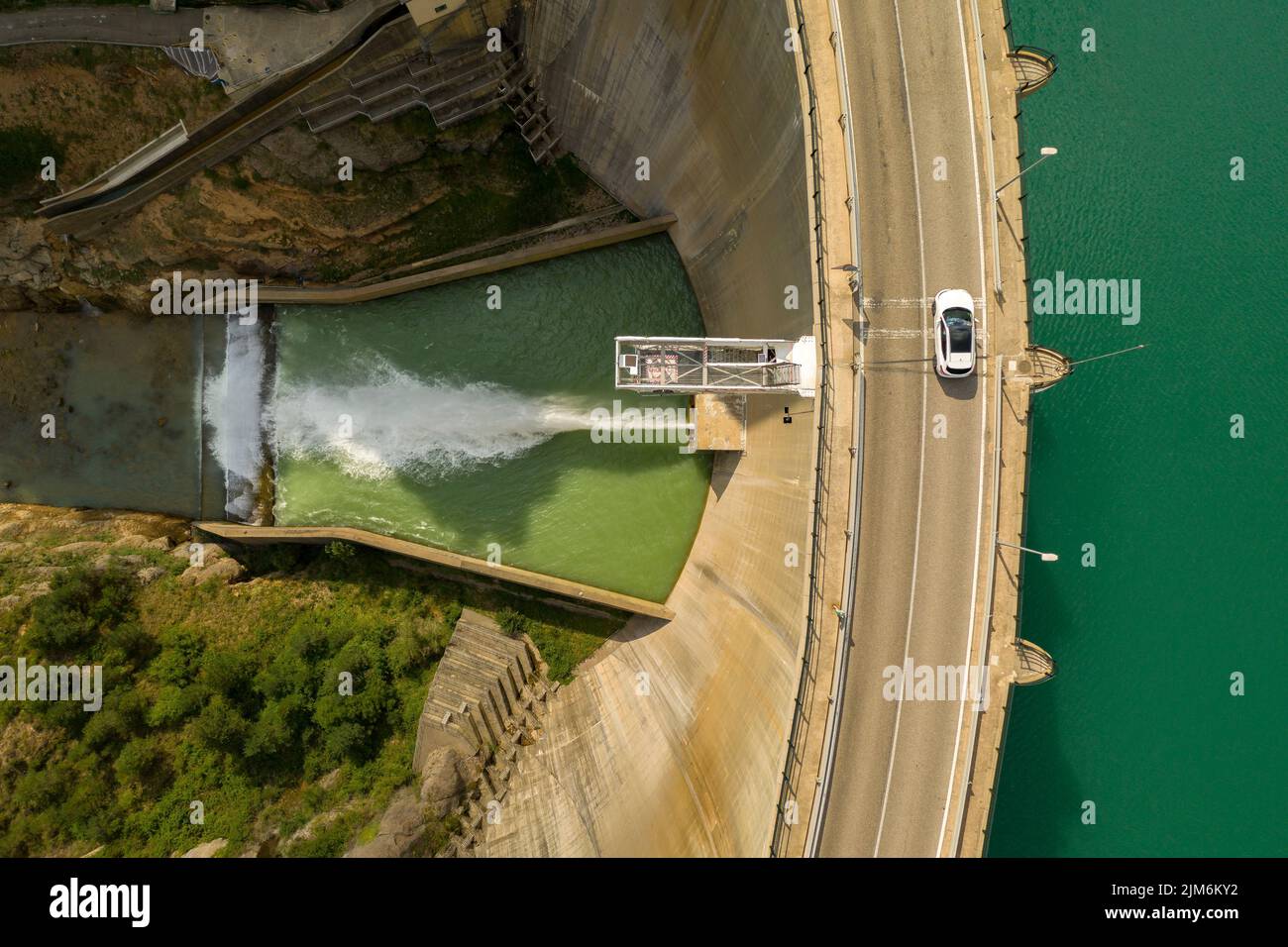 Aerial view of La Llosa del Cavall reservoir dam with little water ...
