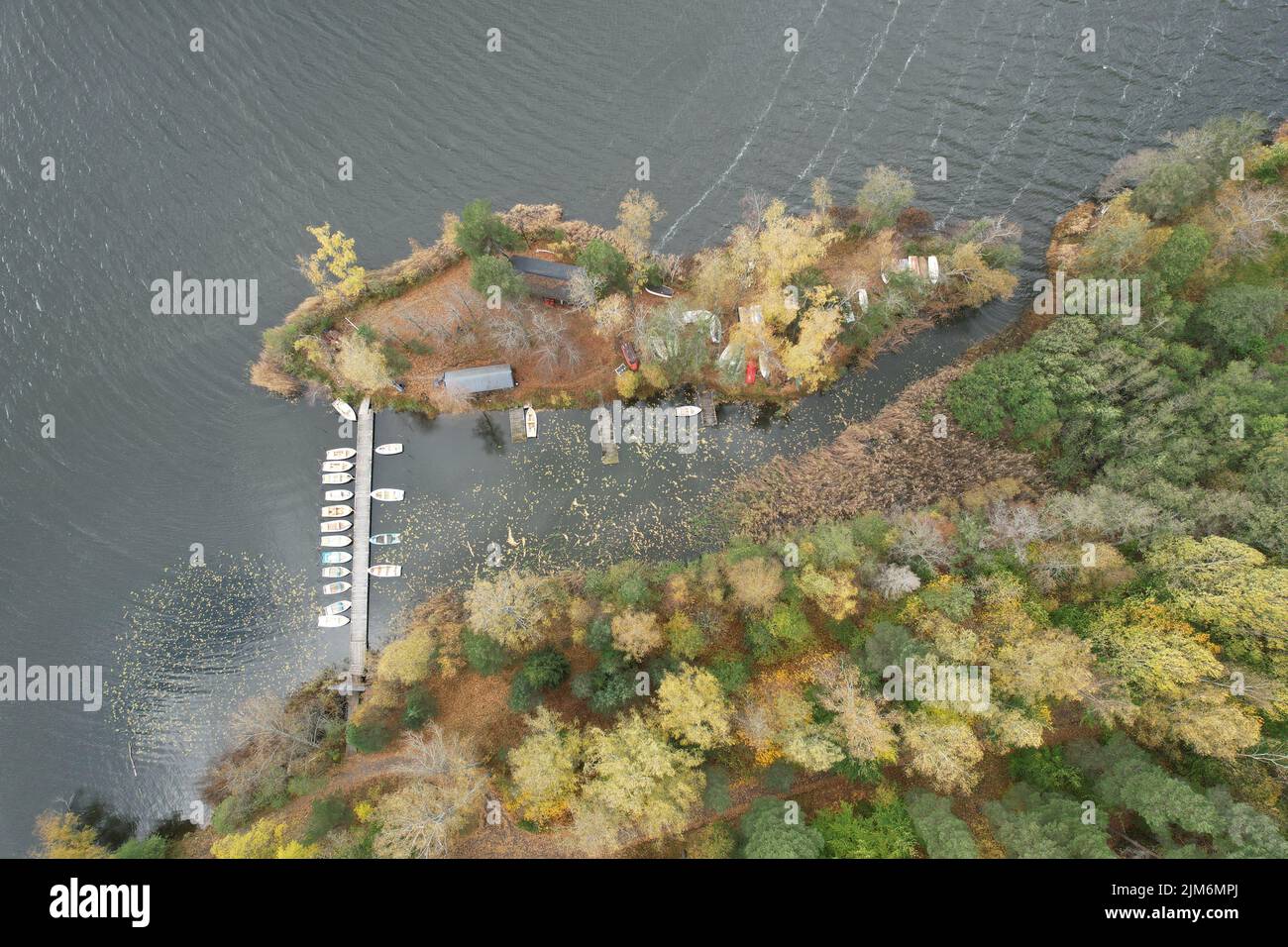 An aerial view of a lakefront forest with a little boat harbor Stock ...