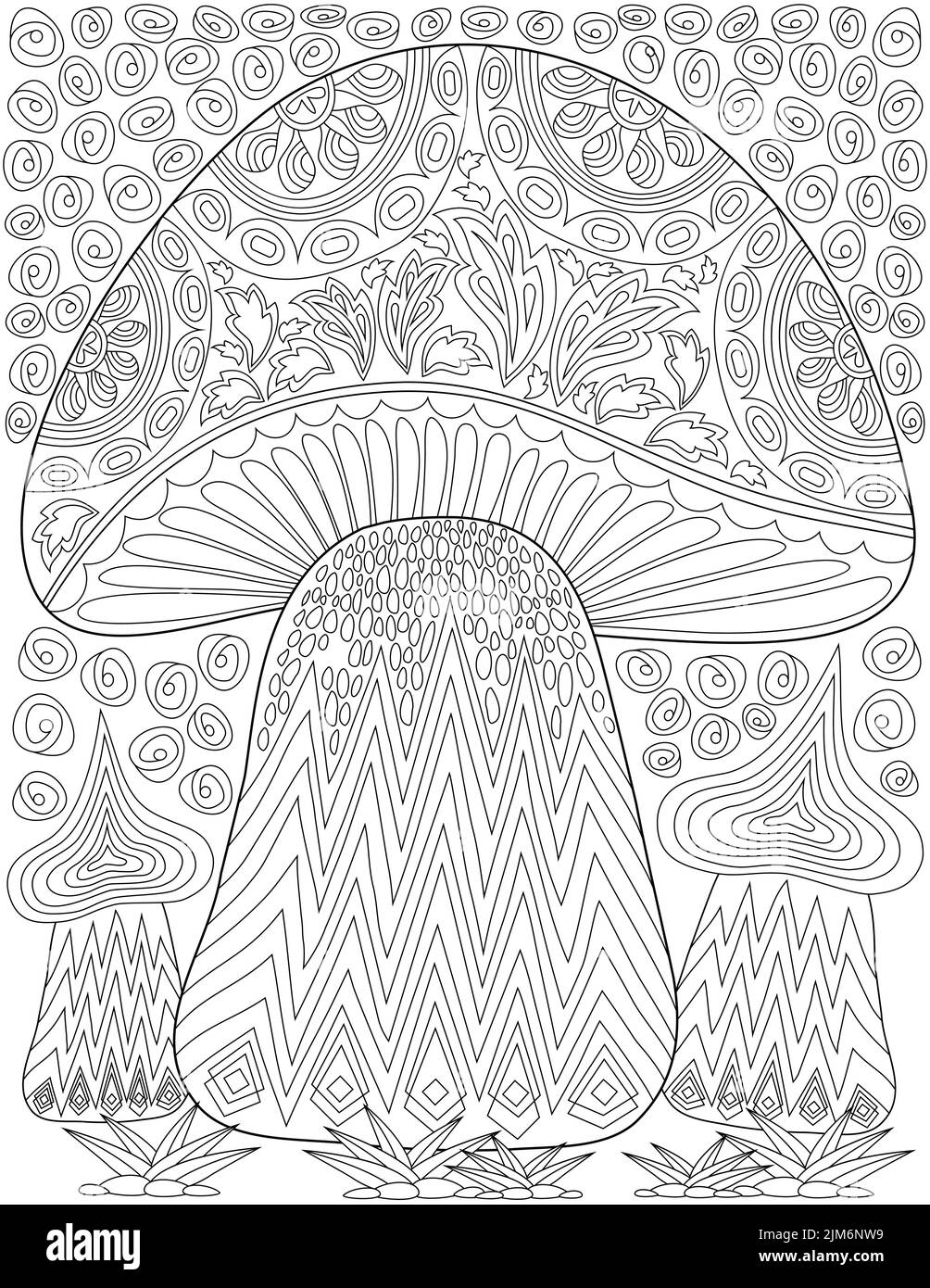 Coloring Book Page With Big Detailed Mushroom And Little Ones Around ...