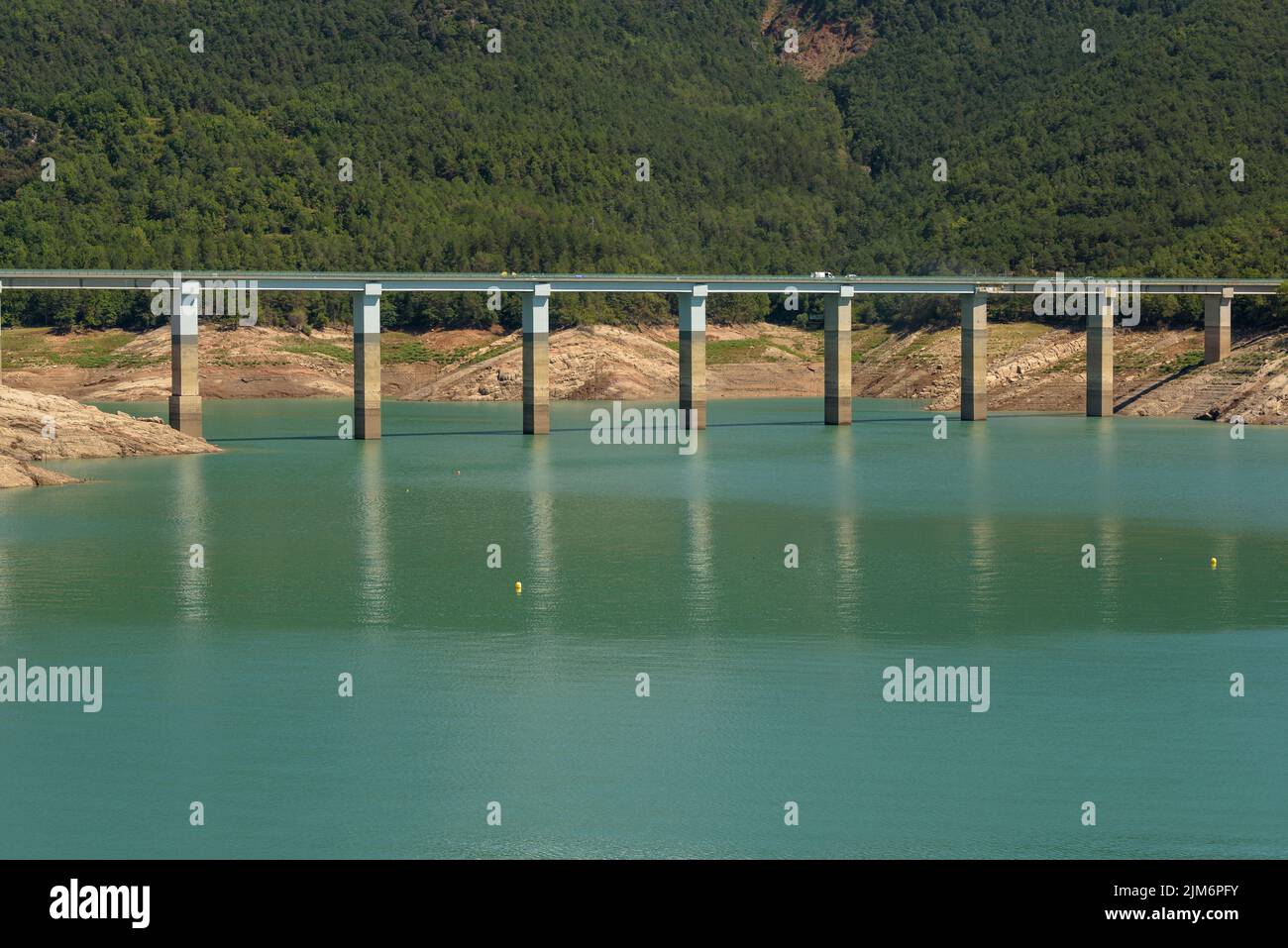 La Baells reservoir with little water seen from the reservoir dam ...