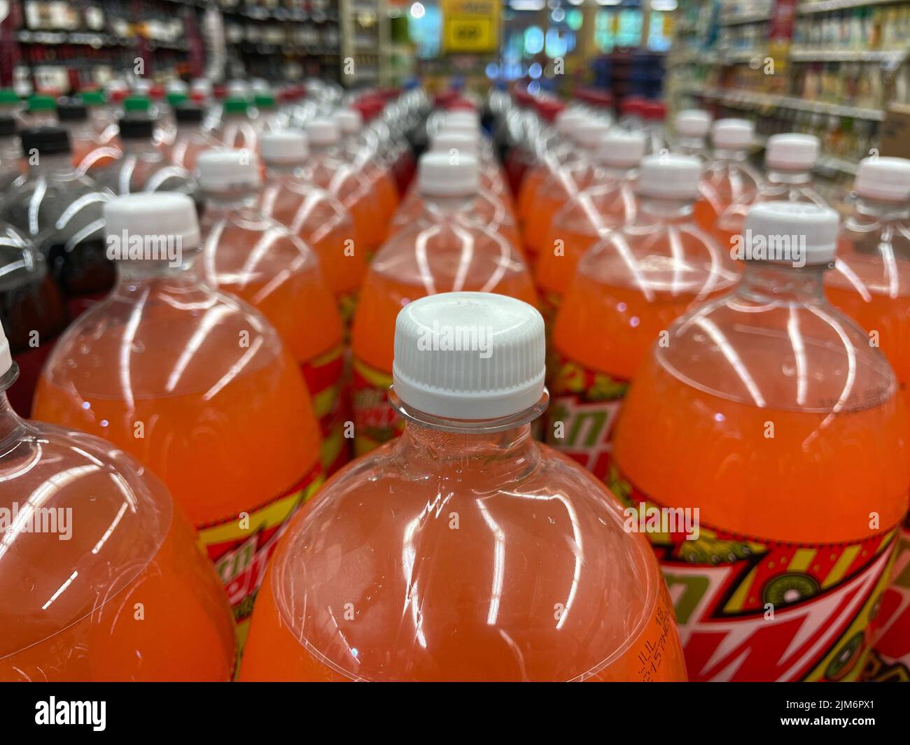 Grovetown, Ga USA - 05 03 22: Retail store drinks orange 2 liter tops ...