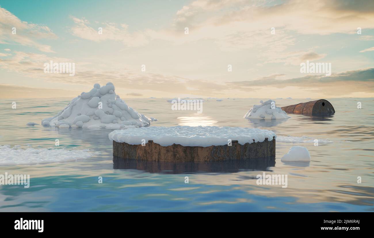 climate change with melting polar ice with podium design, 3d ...