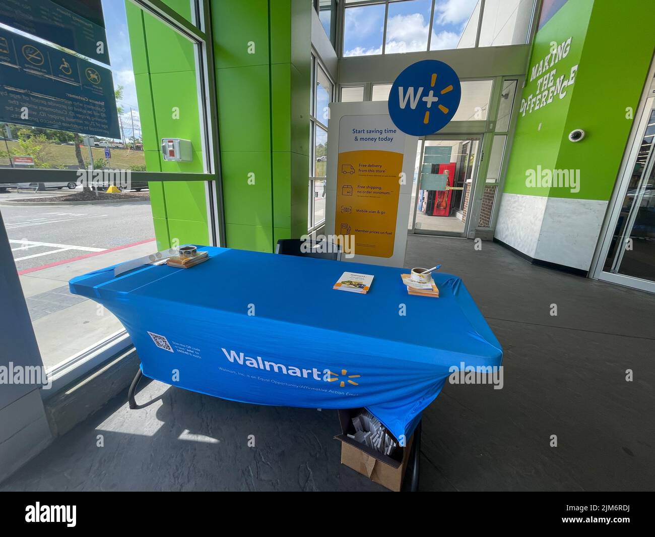Grovetown, Ga USA - 04 29 22: Walmart grocery store lobby table with ...