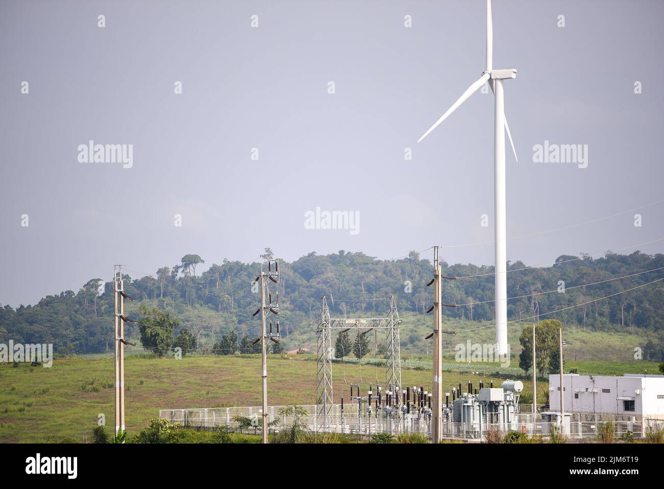wind turbine farm on hill with power substation Stock Photo - Alamy
