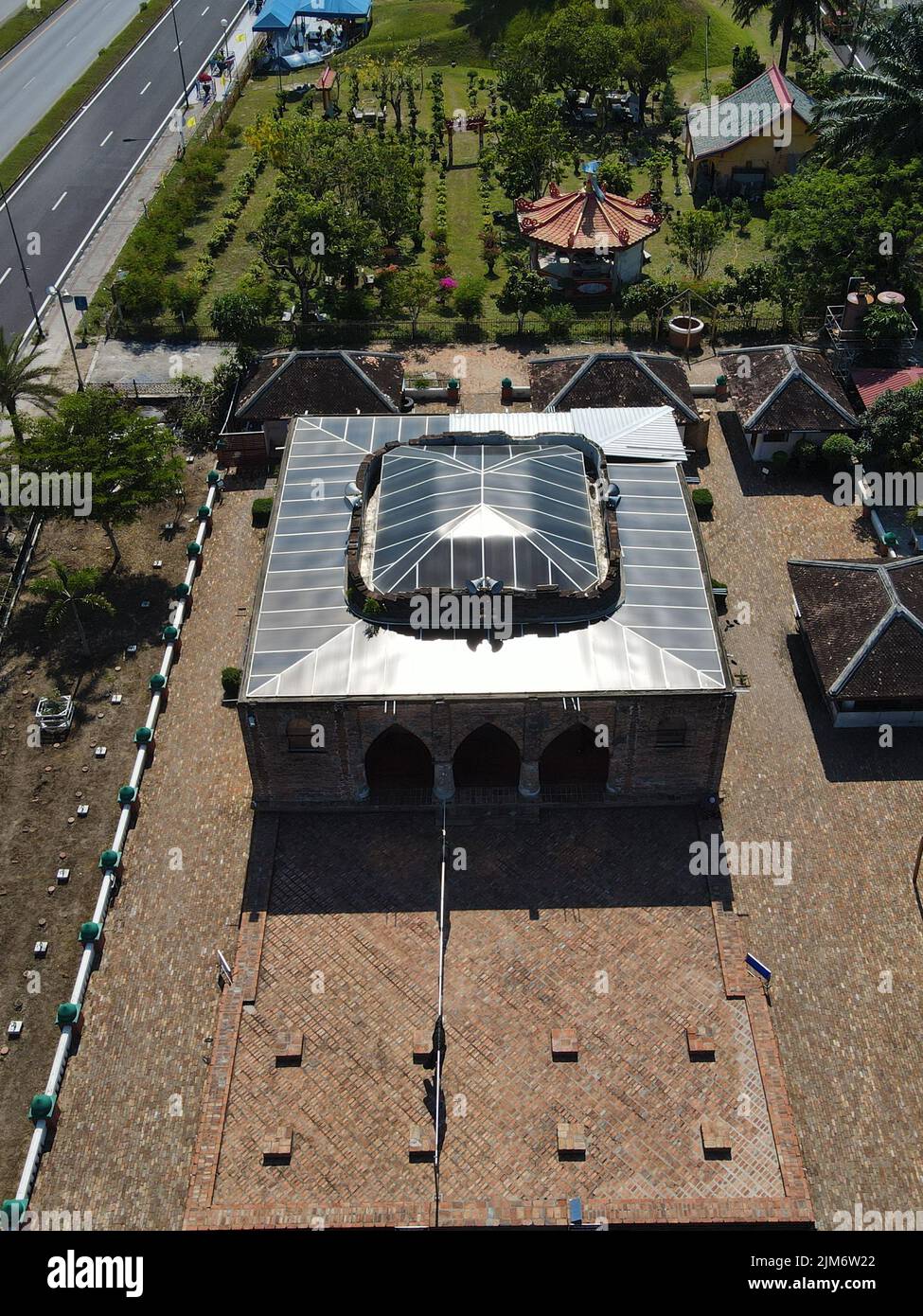 A vertical aerial view of the Masjid Kerisik building in Thailand Stock ...