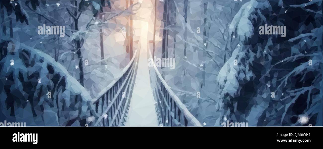 A low poly style illustration of snowy bridge in a sunny forest Stock ...