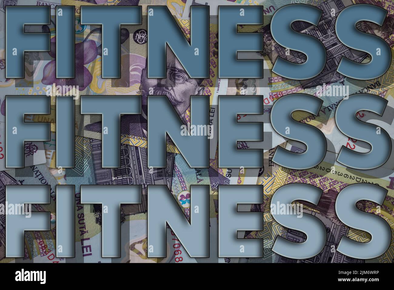 Fitness word with money. Paper currency background with different ...