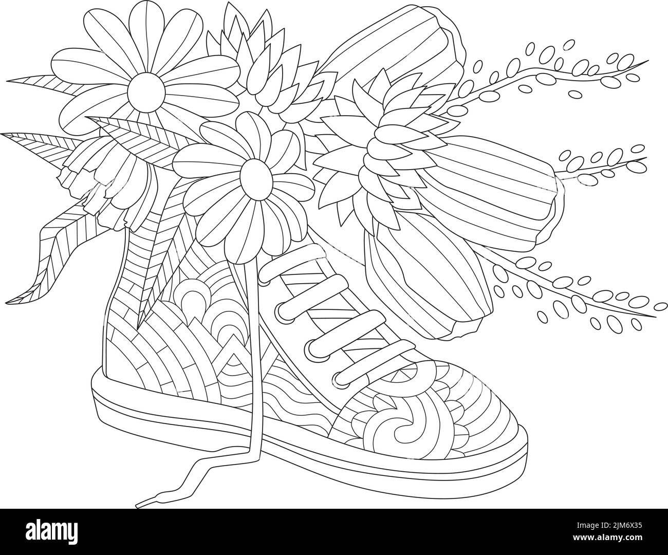 Coloring Book Page With Detailed Sneaker With Different Flowers Inside ...