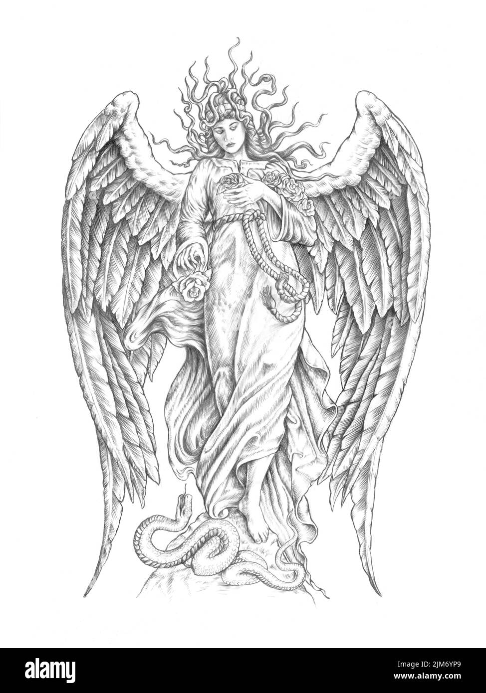 A digital black white tattoo illustration of an angel with snakes and ...