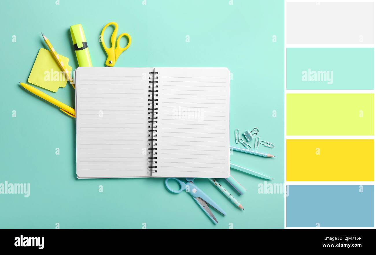 Blank notebook and stationery on color background. Different color ...