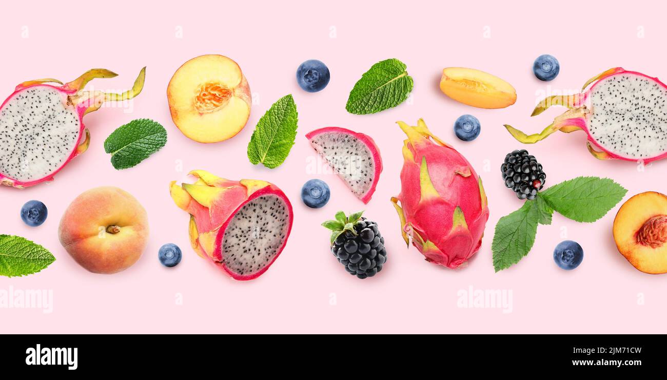 Collage of tasty fresh fruits and berries with mint leaves on light ...