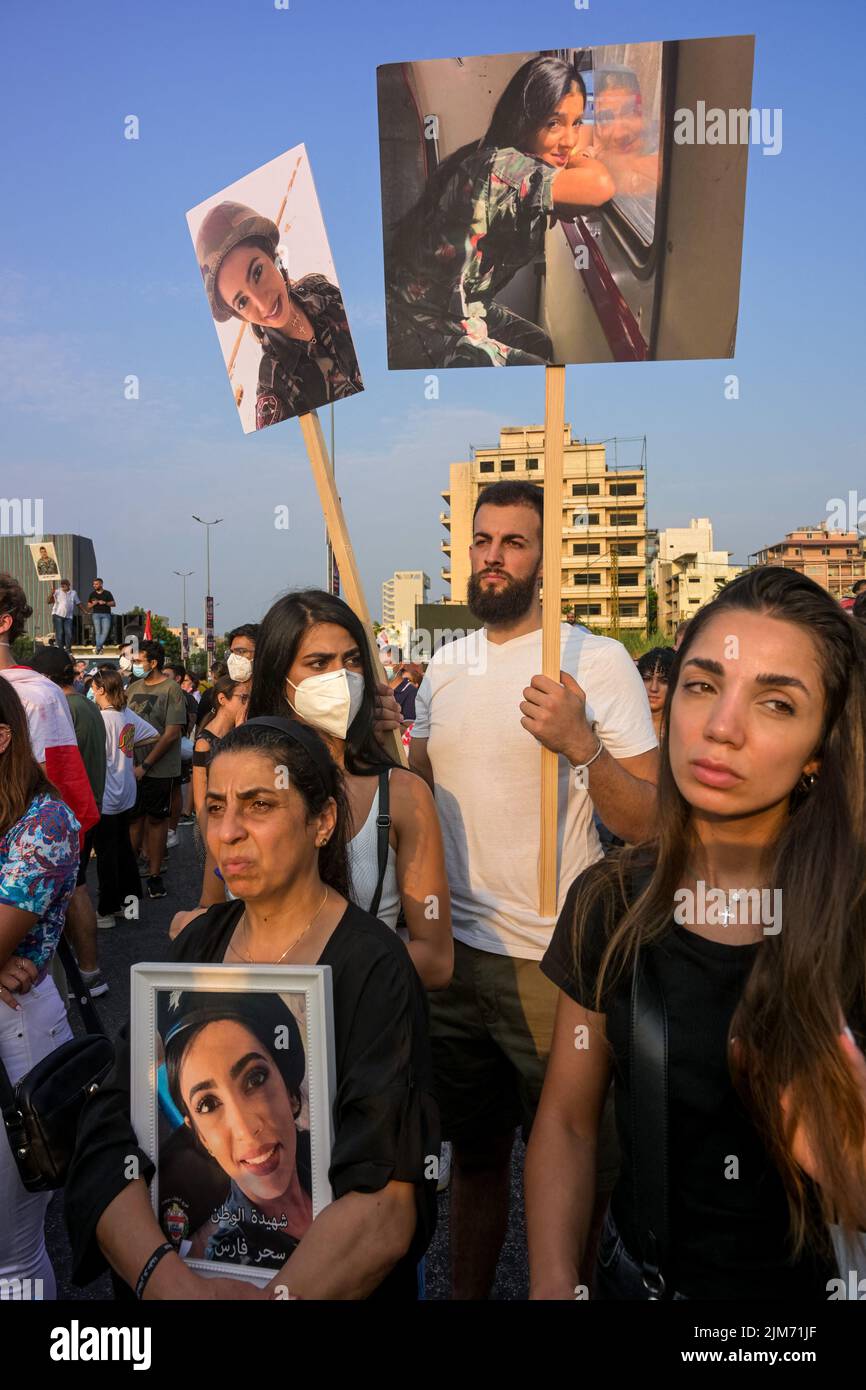 Beirut, August 4, 2022.Lebanese demonstrators and families of victims ...