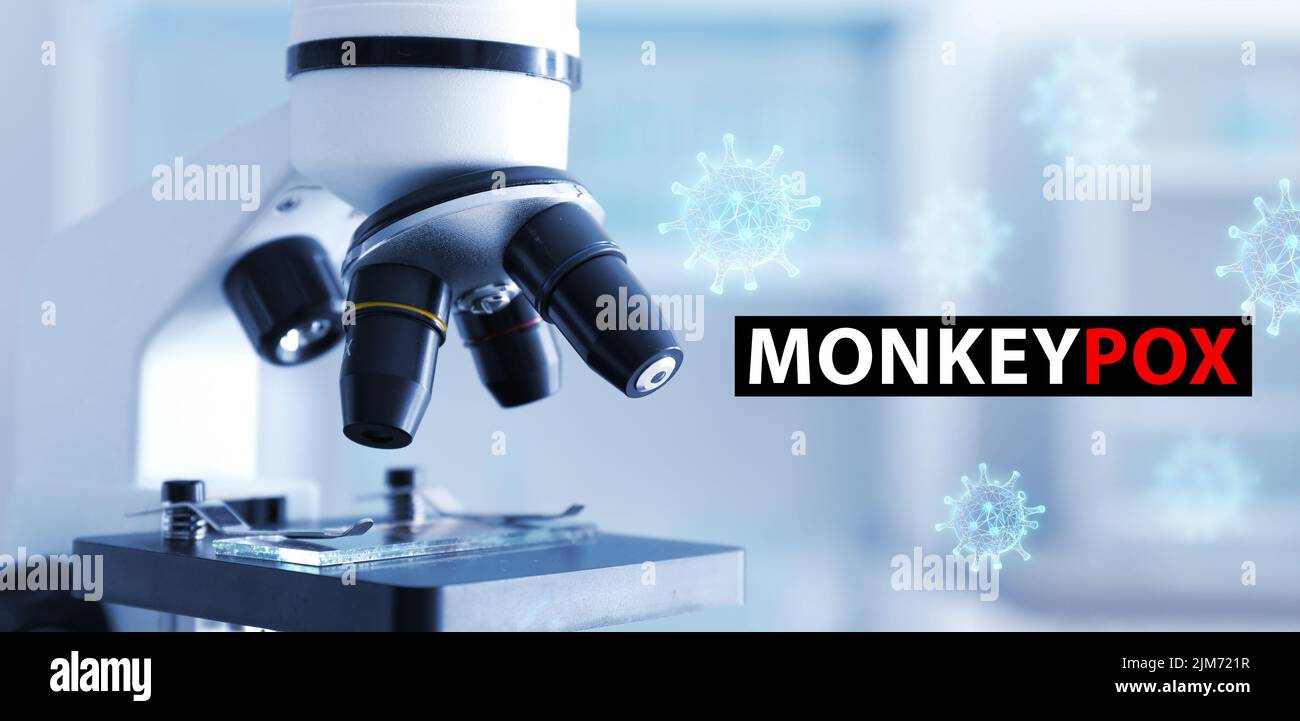 Banner with modern microscope in laboratory and text MONKEYPOX Stock ...