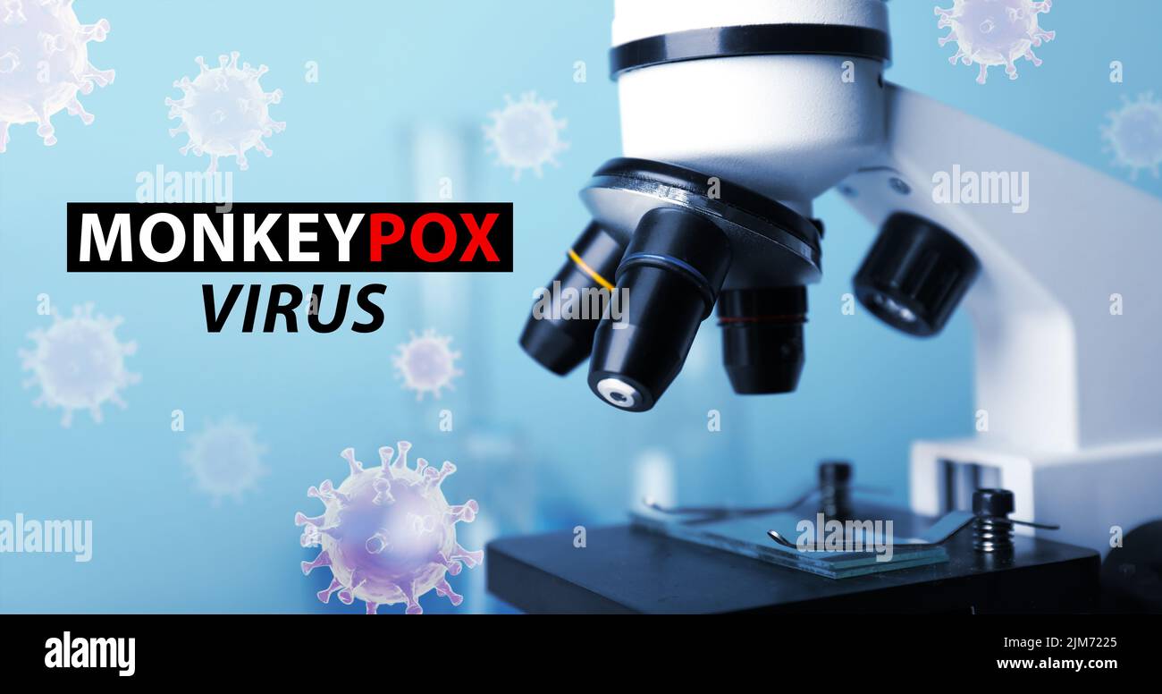 Banner with modern microscope in laboratory and text MONKEYPOX VIRUS ...