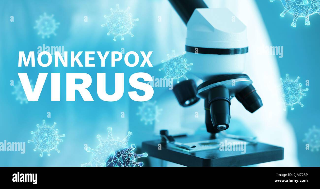 Banner with modern microscope in laboratory and text MONKEYPOX VIRUS ...