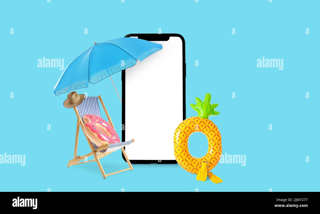 Big mobile phone with empty screen, beach chair, umbrella and ...