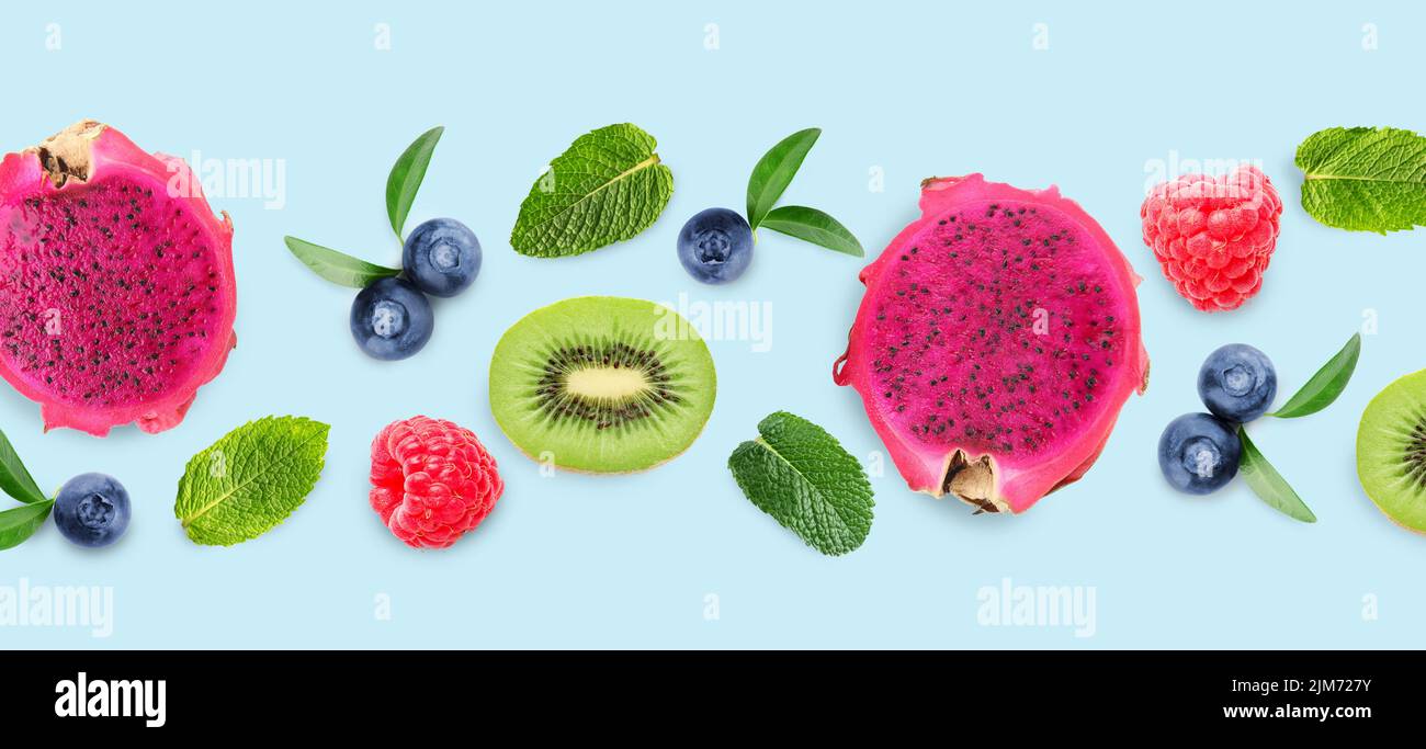 Collage of tasty fresh fruits and berries with mint leaves on light ...