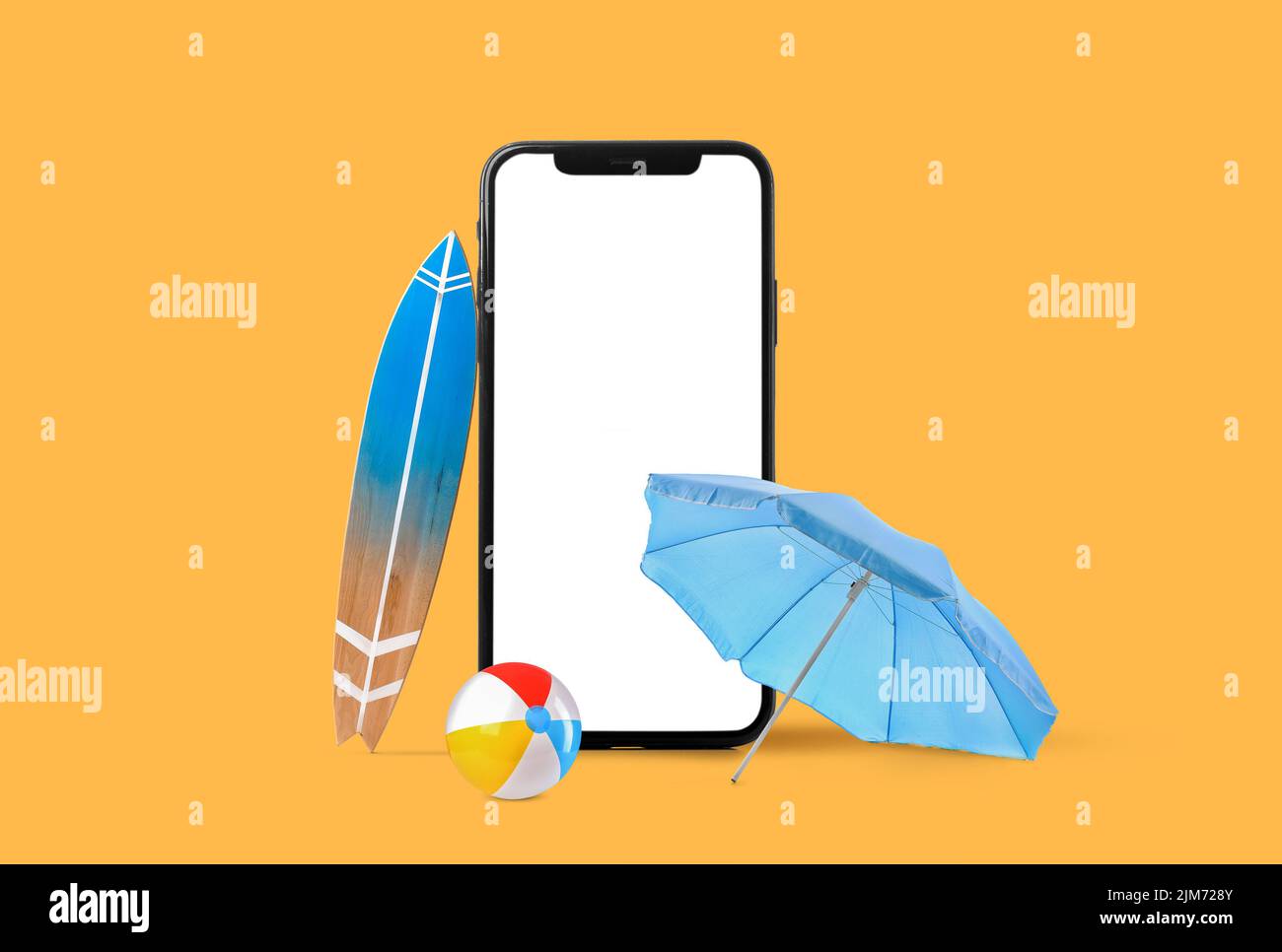 Big mobile phone with empty screen, surfboard, umbrella and inflatable ...