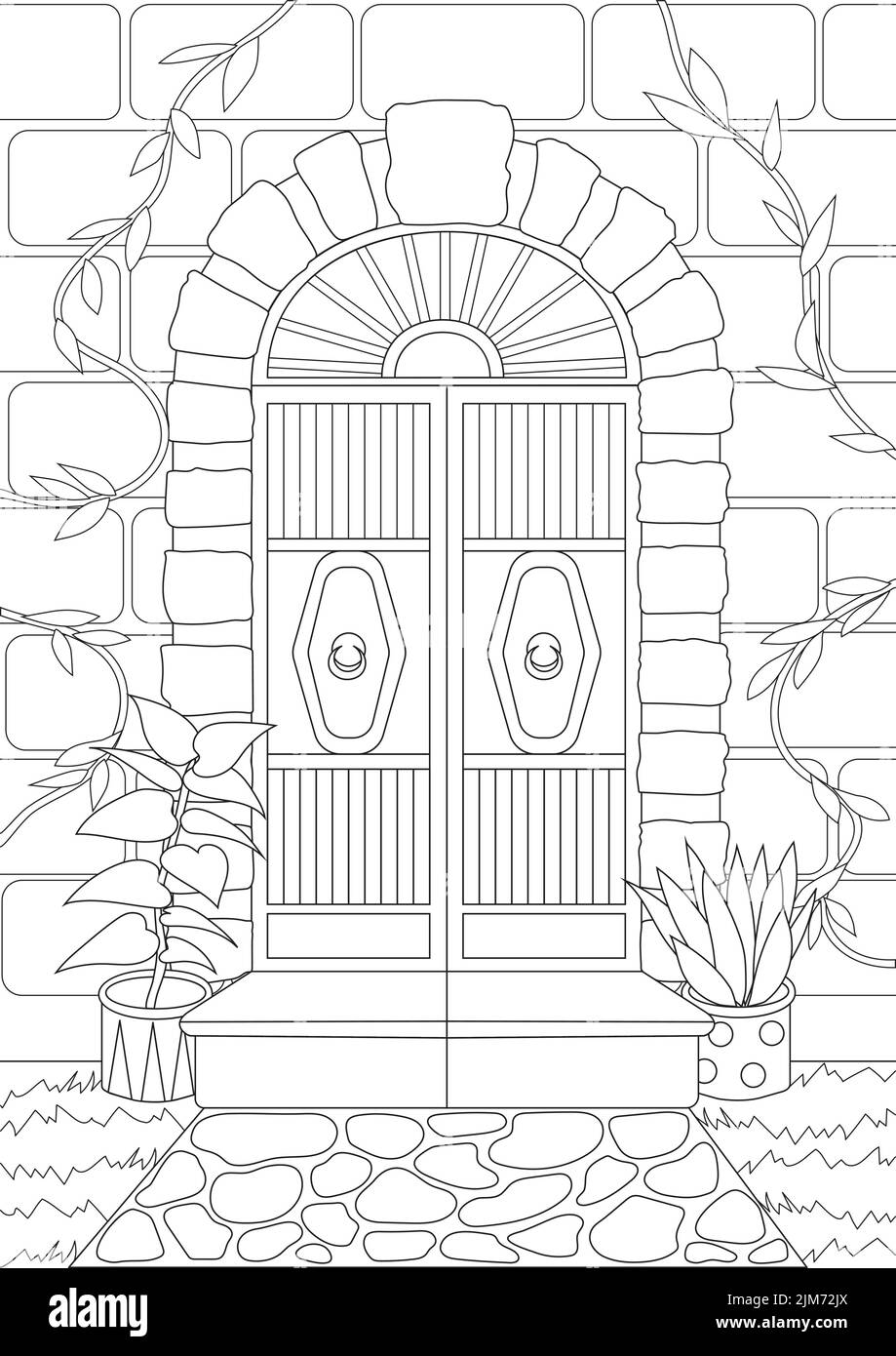 Architectural Coloring Page With Wooden Door With Stones And Plants ...