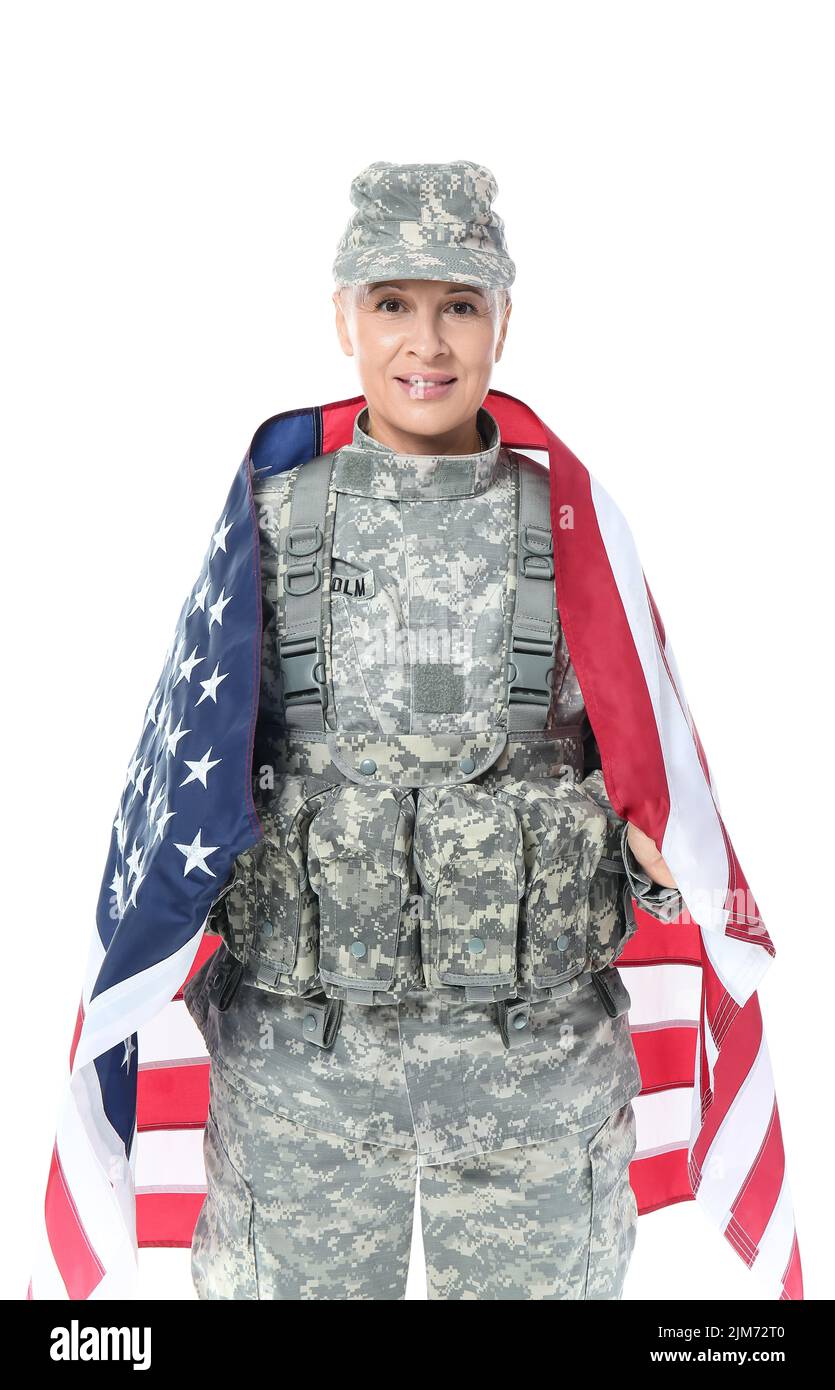 Mature female soldier with USA flag on white background Stock Photo - Alamy