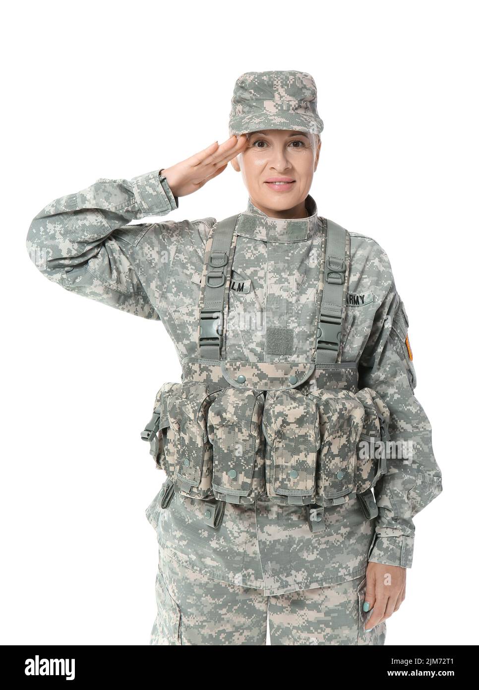 Mature female soldier saluting on white background Stock Photo - Alamy