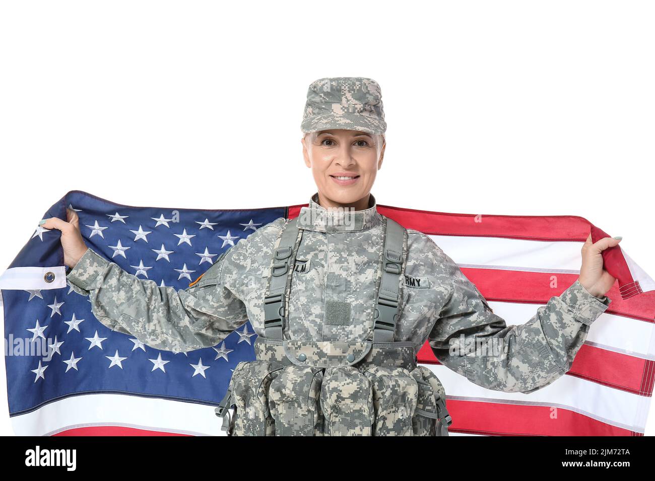 Mature female soldier with USA flag on white background Stock Photo - Alamy