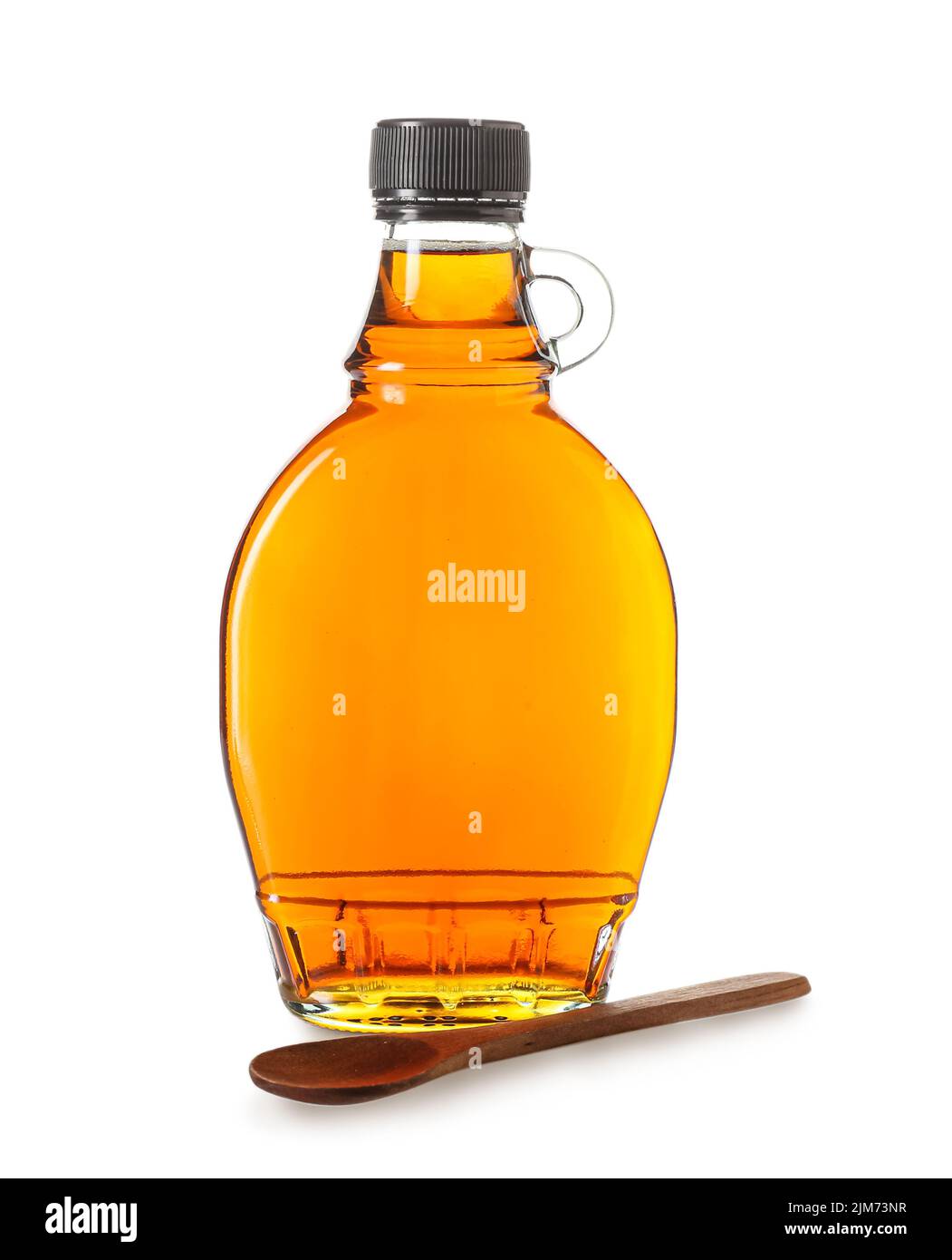 Bottle of maple syrup and wooden spoon on white background Stock Photo ...
