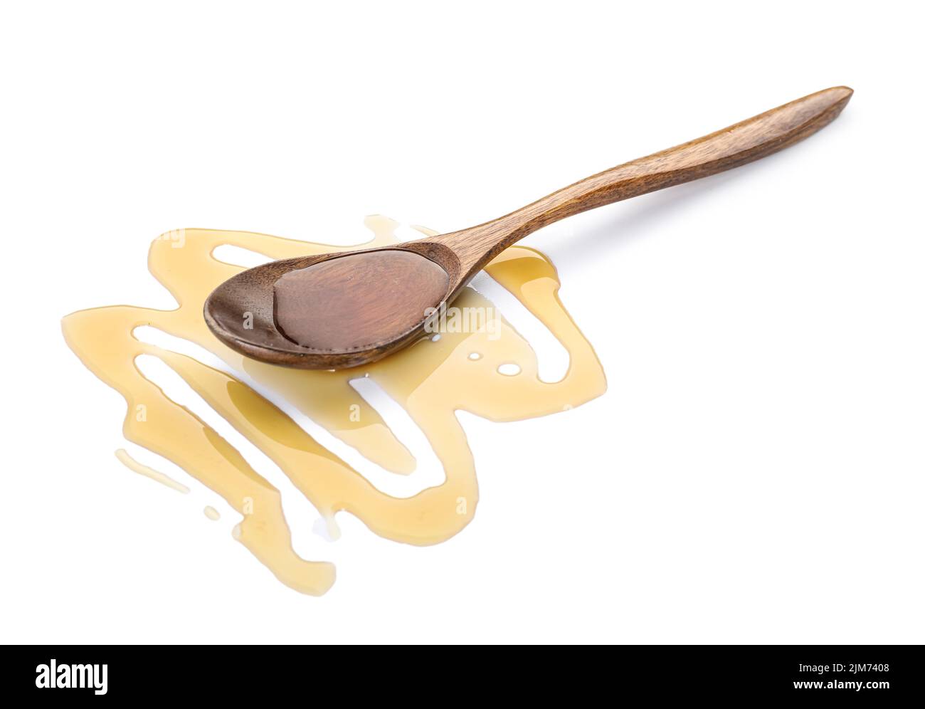 Wooden spoon with tasty maple syrup on white background Stock Photo - Alamy