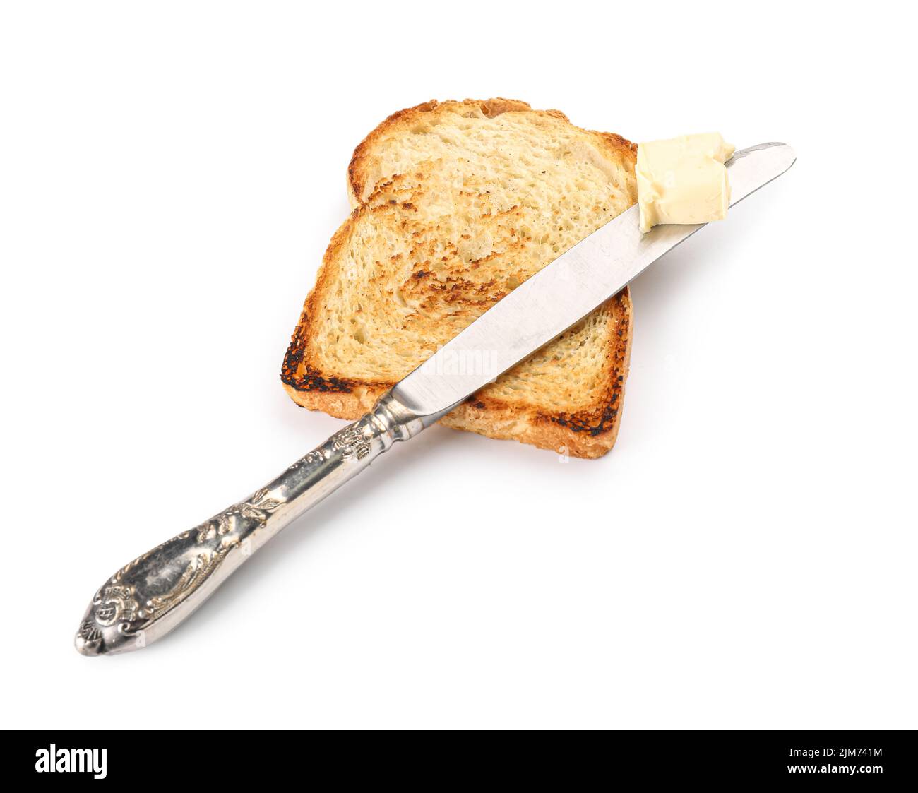 Tasty toast and knife with piece of butter on white background Stock ...