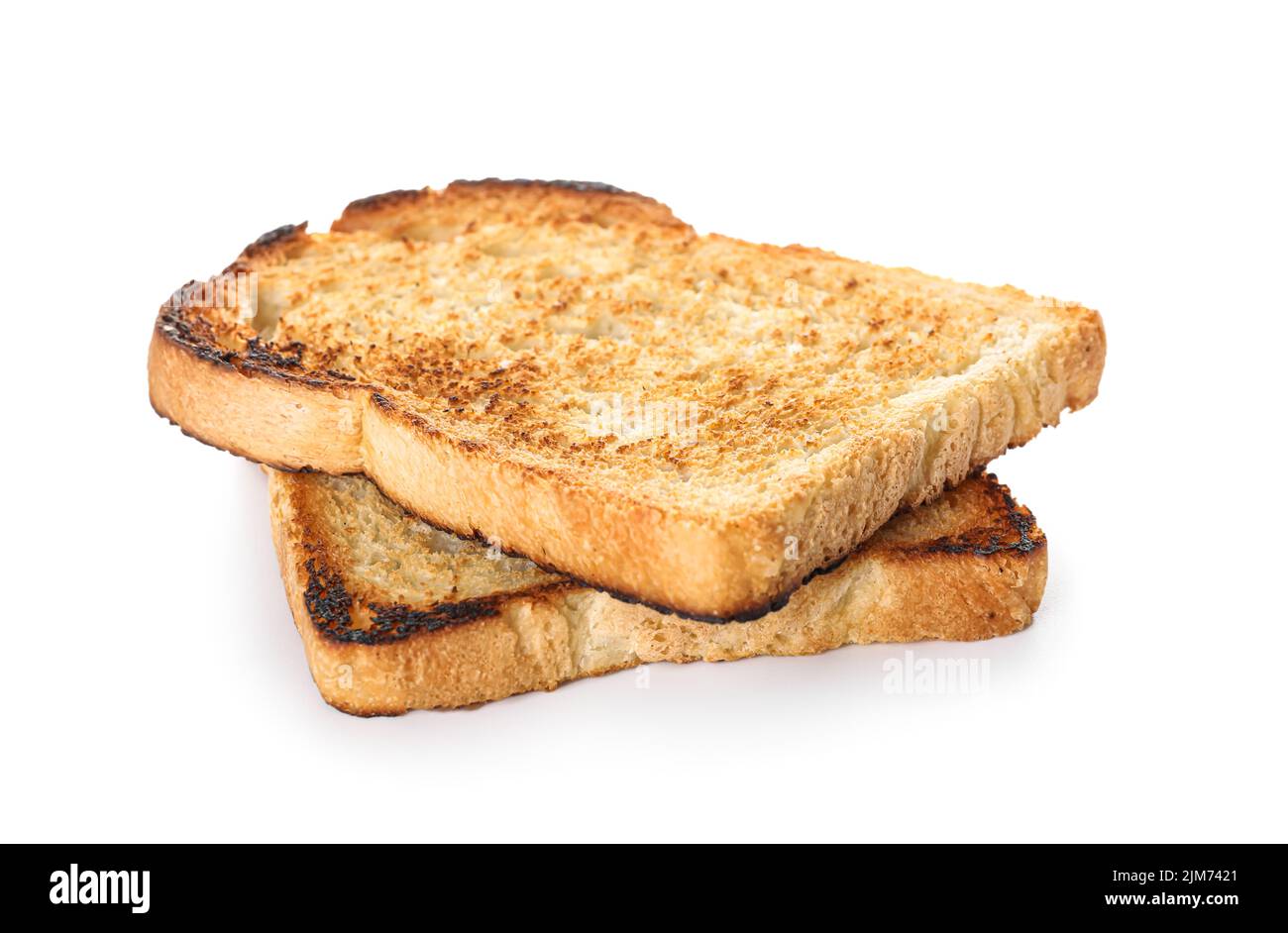Two slices of toasted bread on white background Stock Photo - Alamy