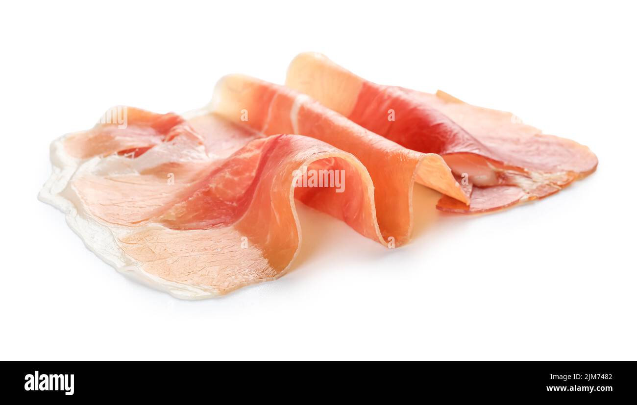 Slice of jamon on white background Stock Photo - Alamy