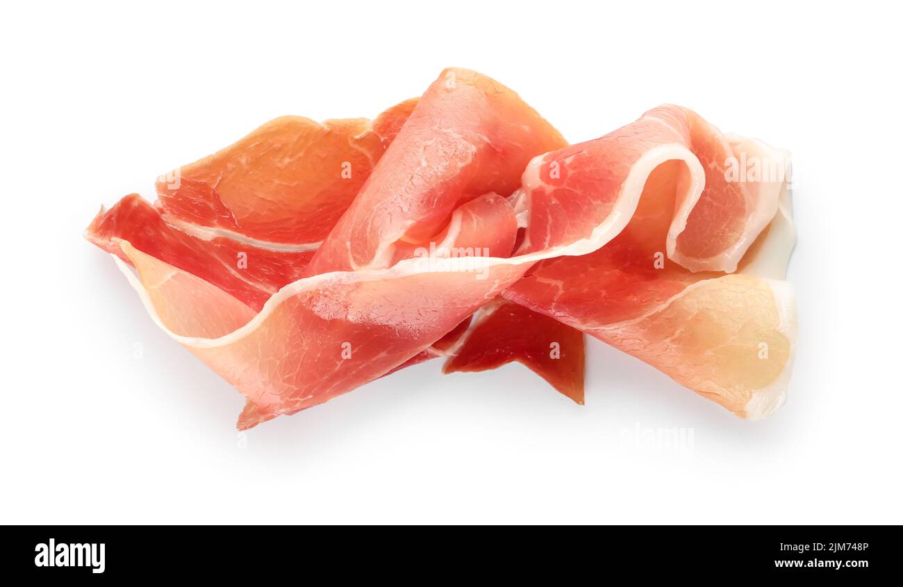 Slices of delicious jamon isolated on white background Stock Photo - Alamy