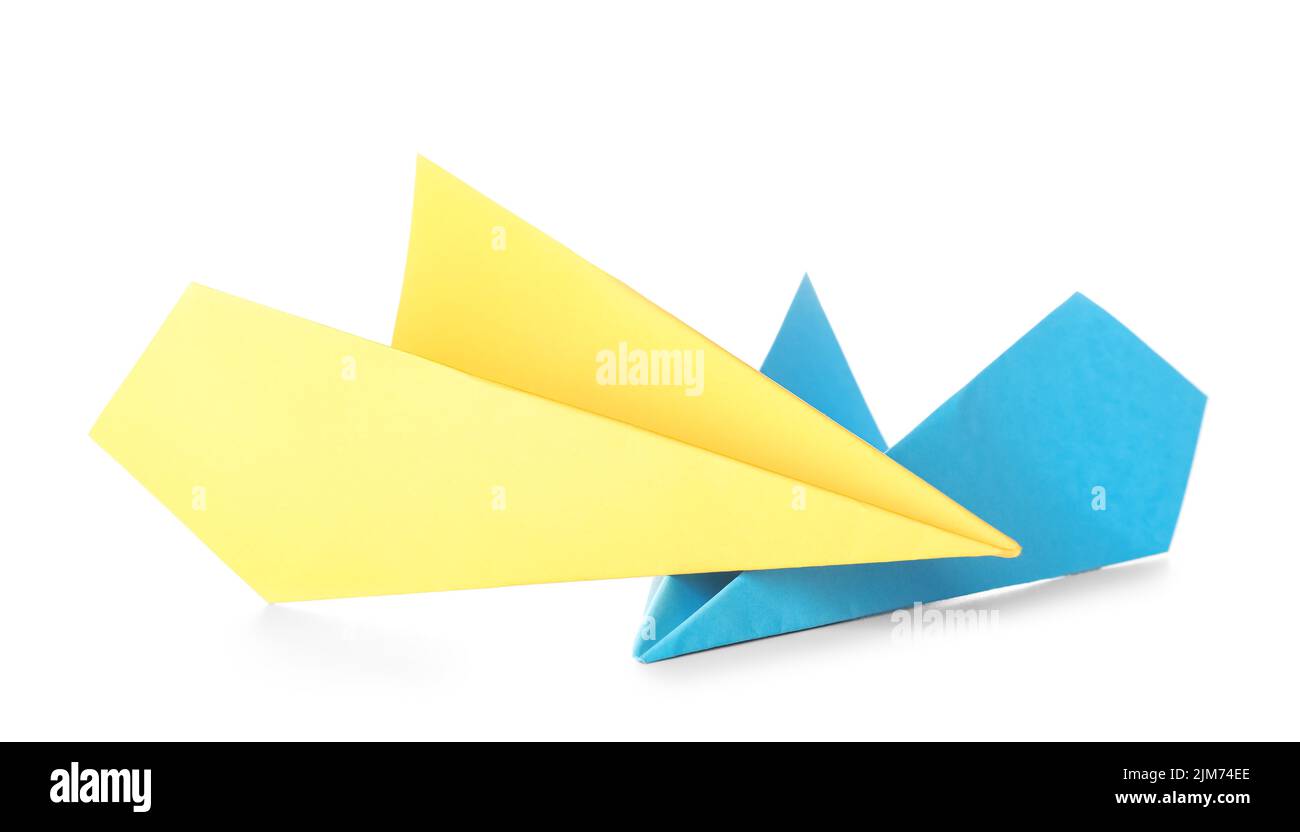 Paper planes in colors of Ukrainian flag on white background Stock ...