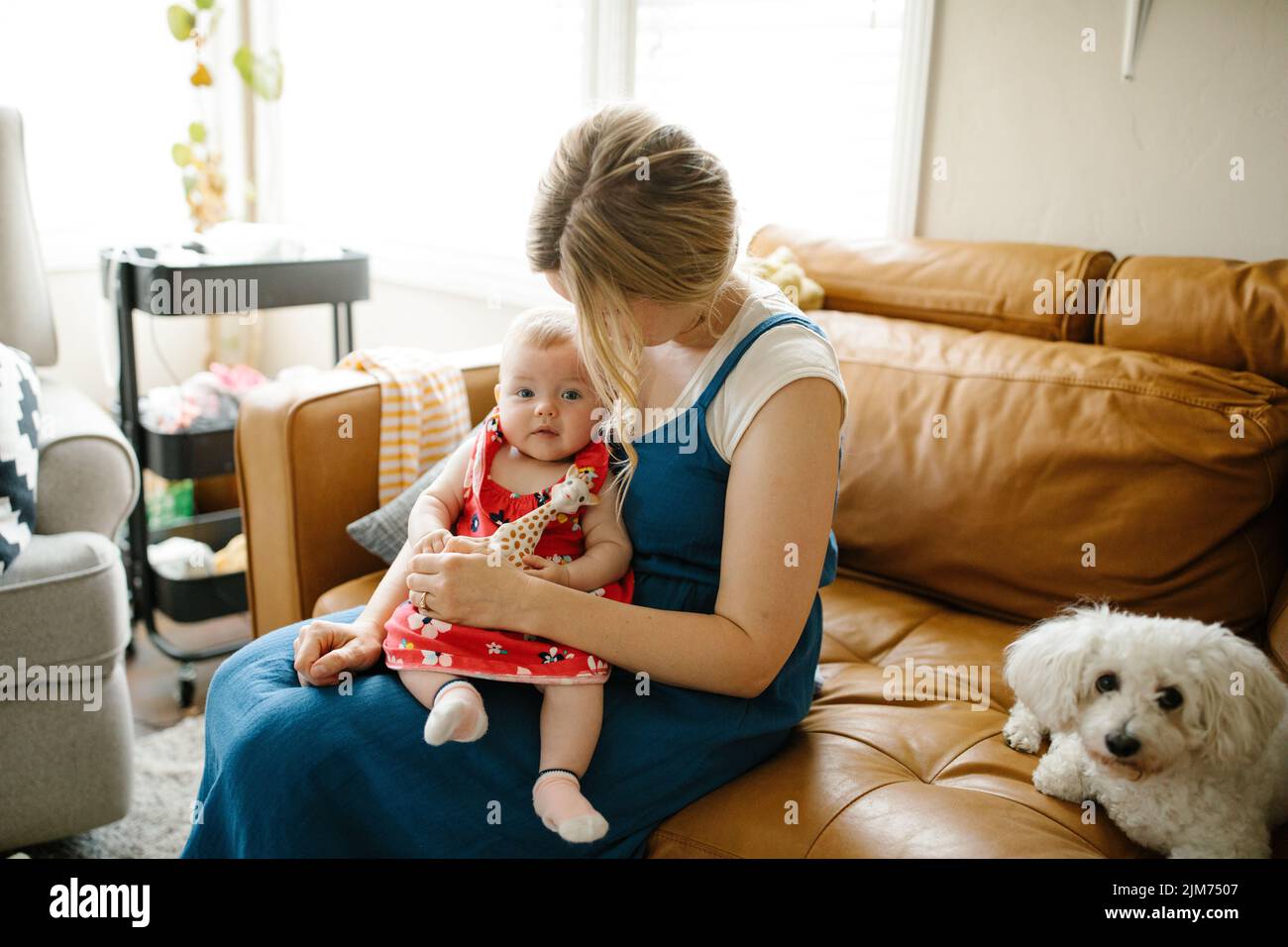 A young mother holding her cute baby daughter on a sofa next to a dog ...