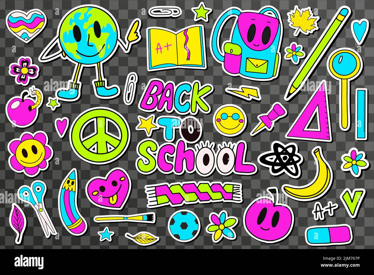 Back to school groovy stickers set in retro 70s style. Psychedelic ...