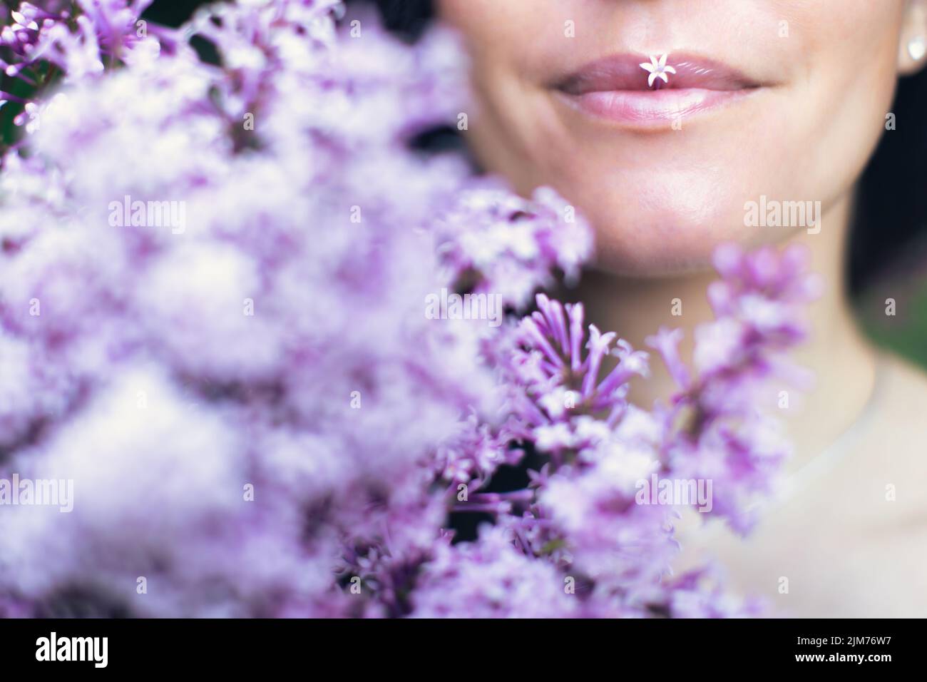 Large portrait of an attractive woman. Lips and lilacs. Spring and ...