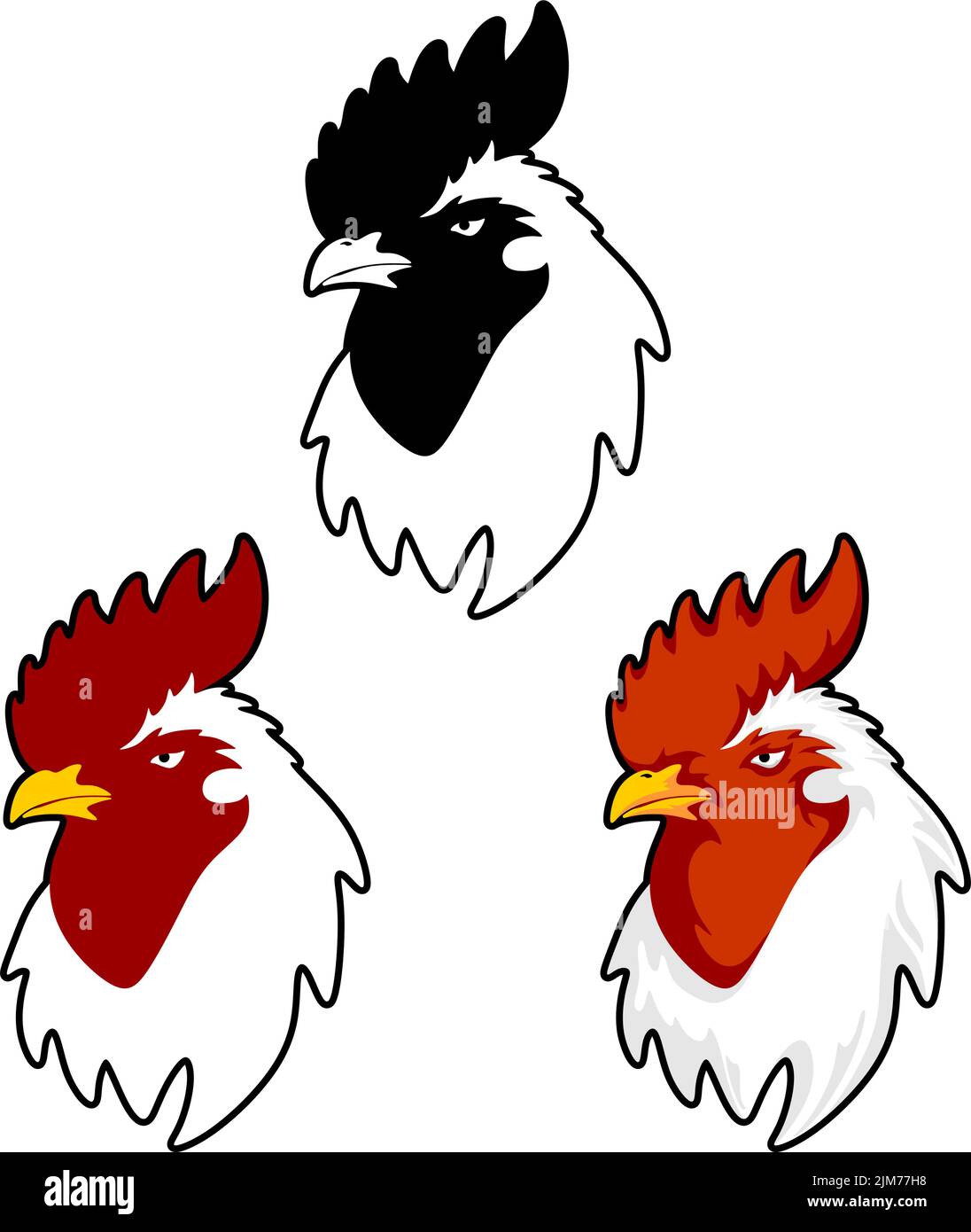 A set of black and red rooster sketches isolated on a white background ...