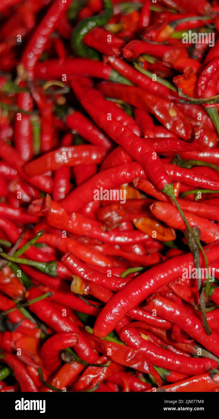 A vertical closeup shot of a heap of Red chili peppers in the ...