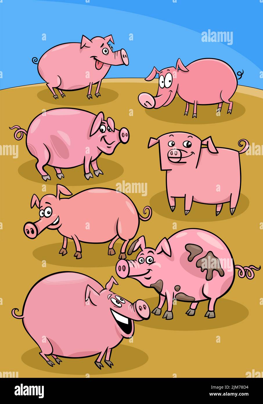Cartoon illustration of pigs farm animals group in the countryside ...