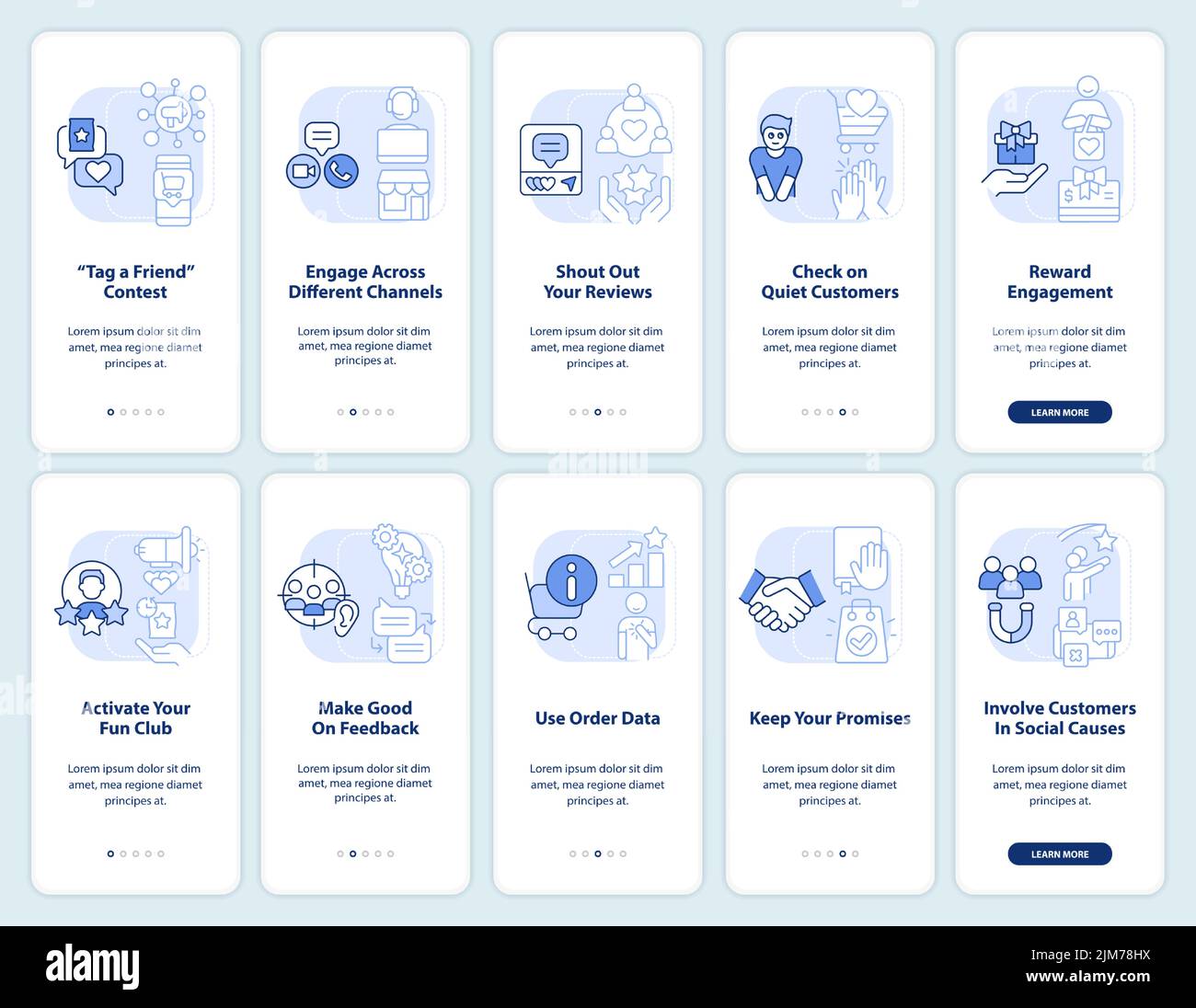 Digital customer engagement light blue onboarding mobile app screen set ...