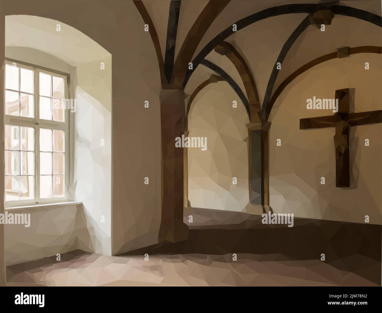 A low poly style illustration of the inside of a monastery with a cross ...
