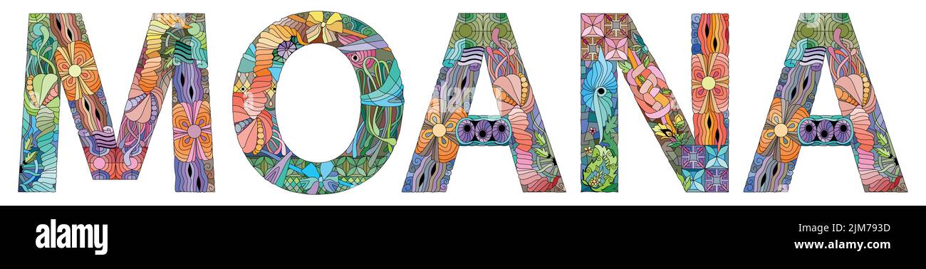 Hand-painted art design. Hand drawn illustration female name MOANA for ...