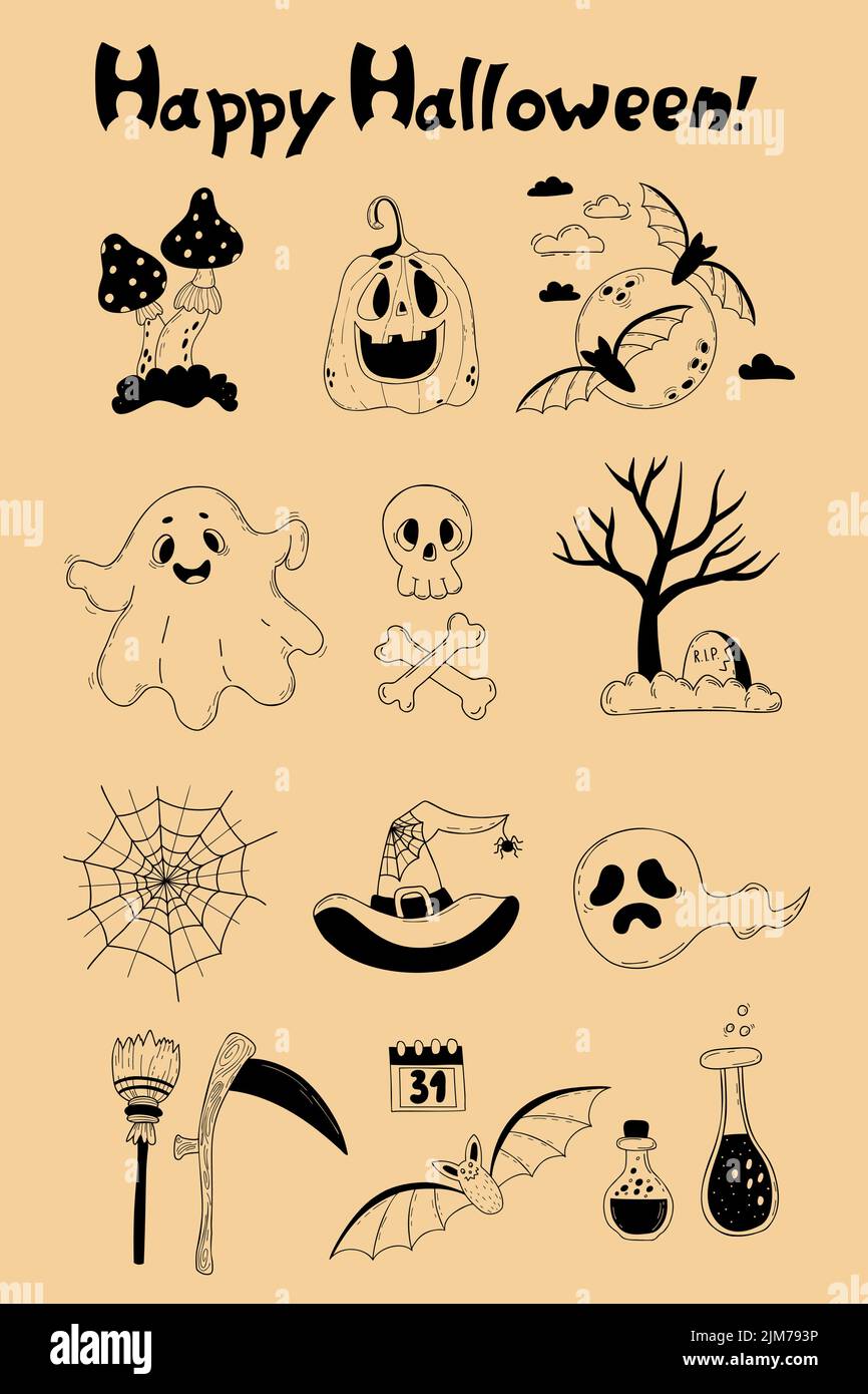 Halloween set. Jack pumpkin, ghost, bat and web, grave, skull, meter ...