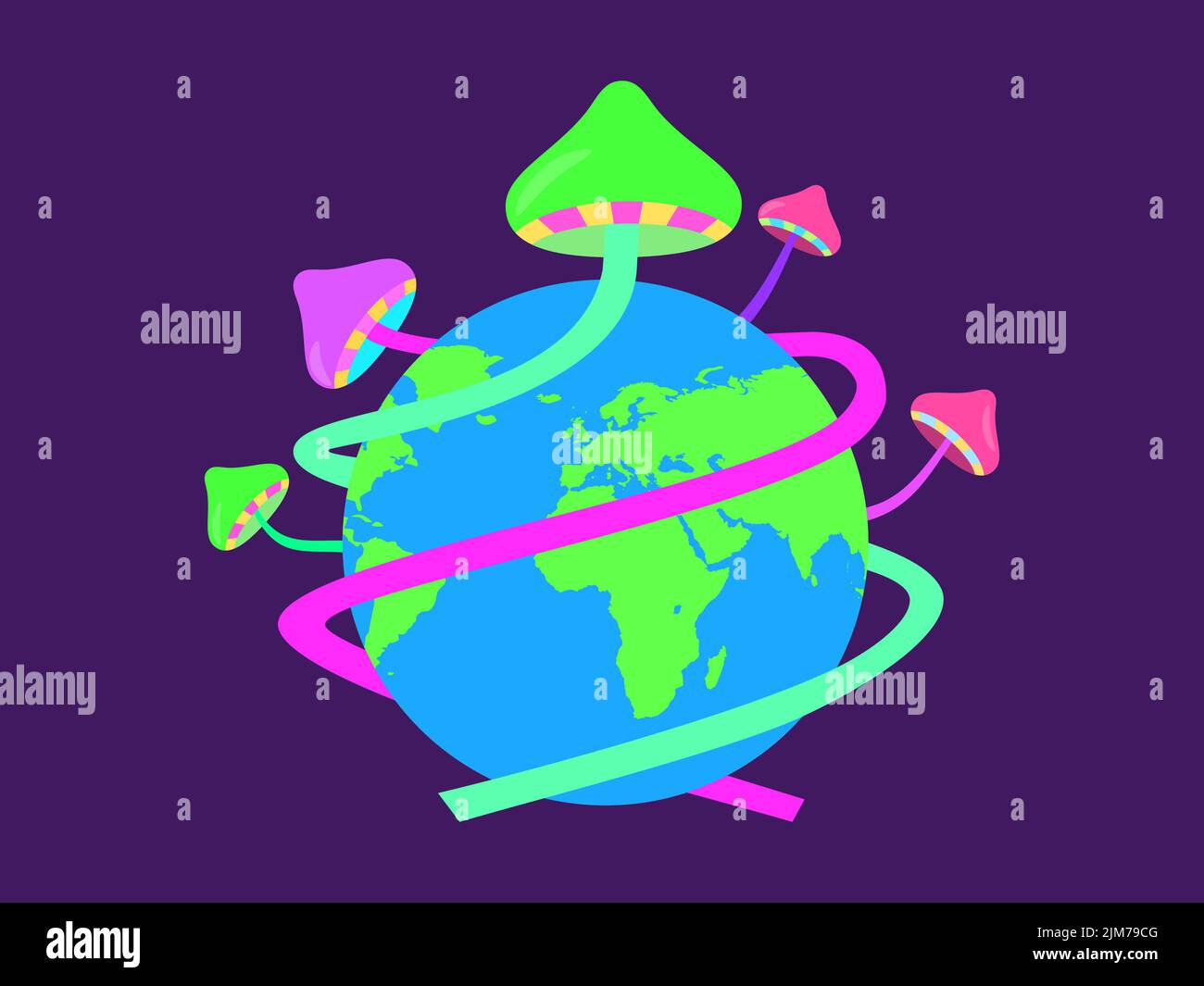 Rave psychedelic, acid trip. Mushrooms cover the planet. Surreal ...