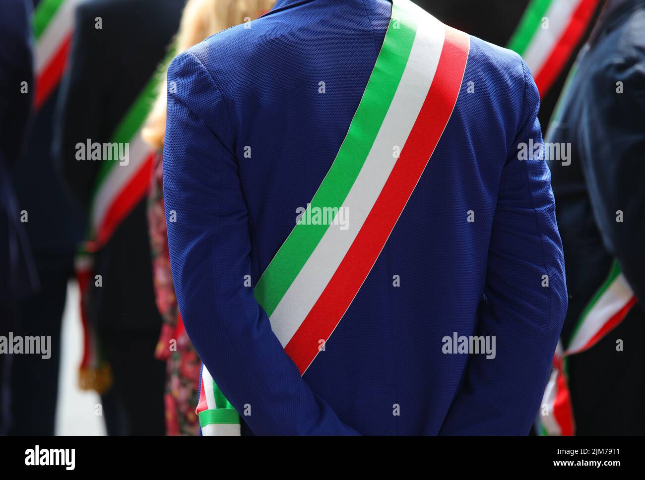 tricolor sash of the mayor dressed elegantly during a demonstration ...