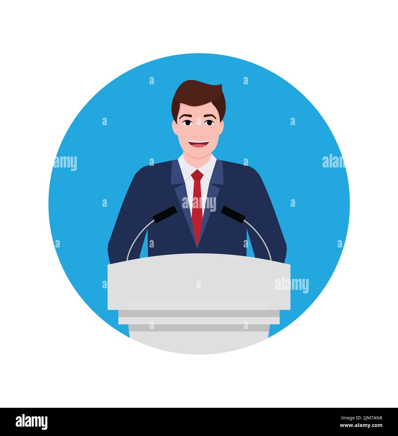 Man near podium. Speaker in suit stand on tribune for speech in ...
