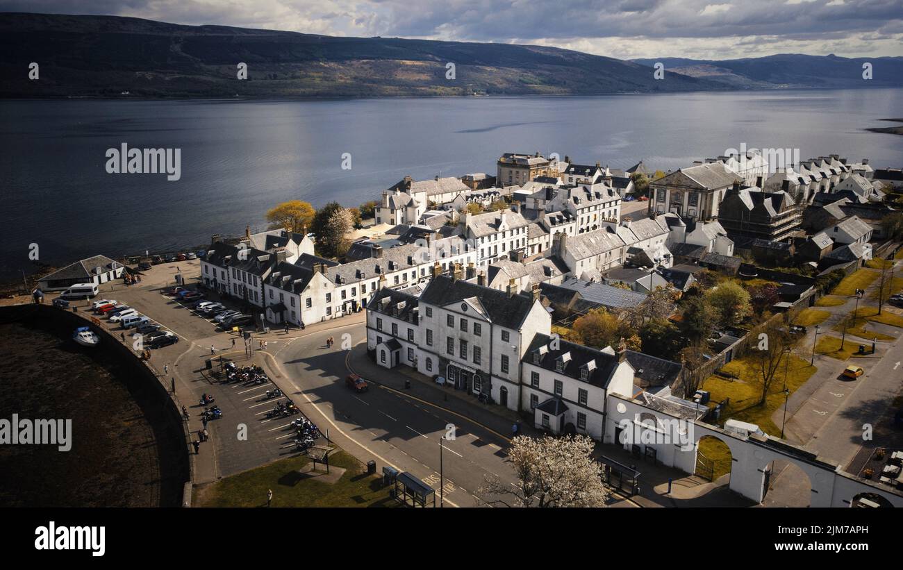 An aerial view of the Inveraray village in Hills of West Highlands ...